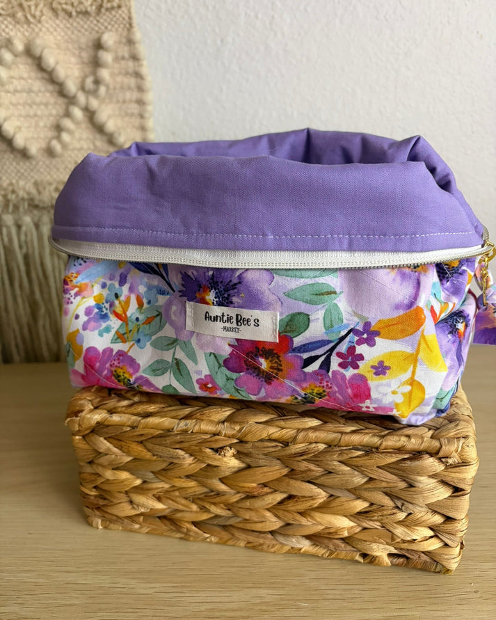 Handmade Quilted Mulitcolor Purple Floral Makeup Box Pouch – Auntie Bee ...
